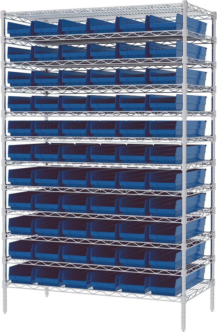 Shelf Bin Wire Shelving System, 48" W x 2D x 7H, 60 Blue Bins – Kent ...