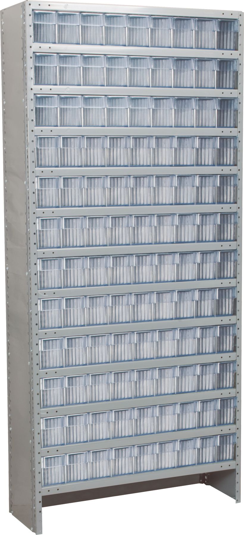 AkroDrawer™ Steel Shelving System, Enclosed, 13 Shelves, 108 Clear Bin ...